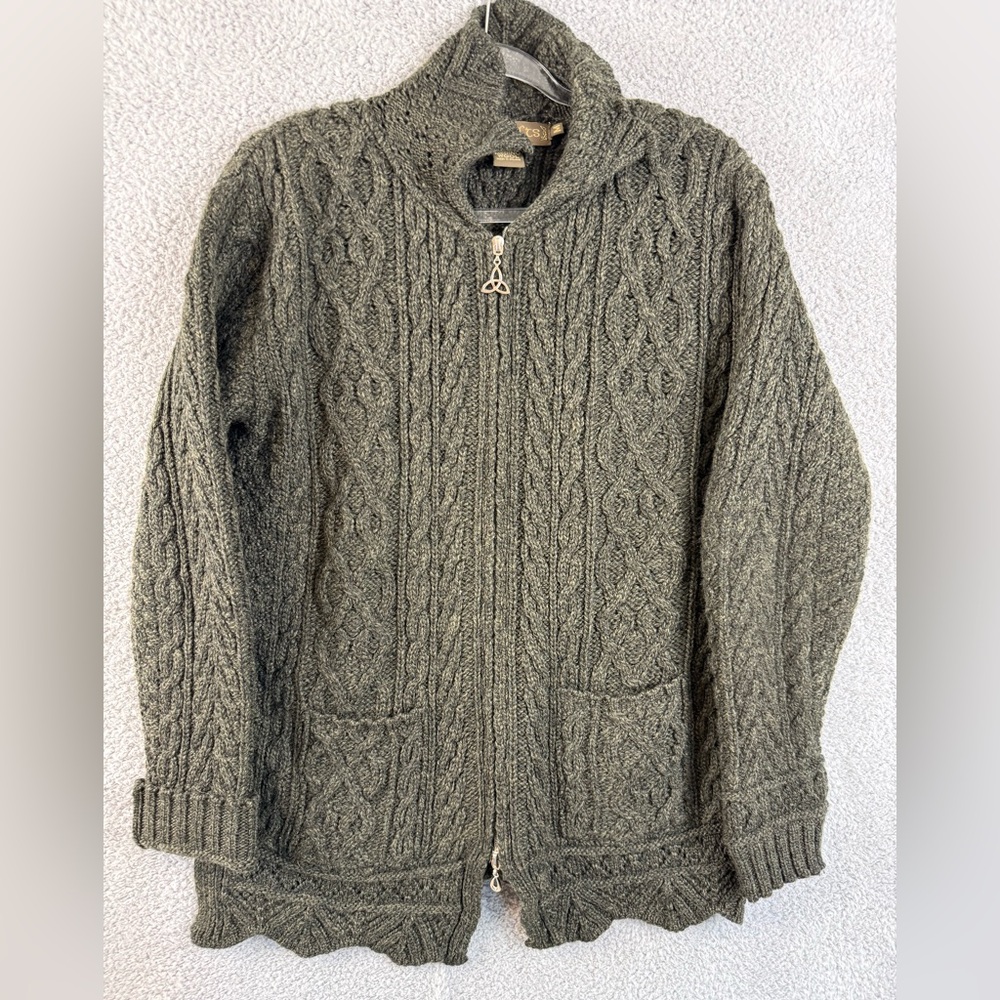 Inis Crafts Merino Wool Zip Up Cable Knit Sweater Euc… - Gem